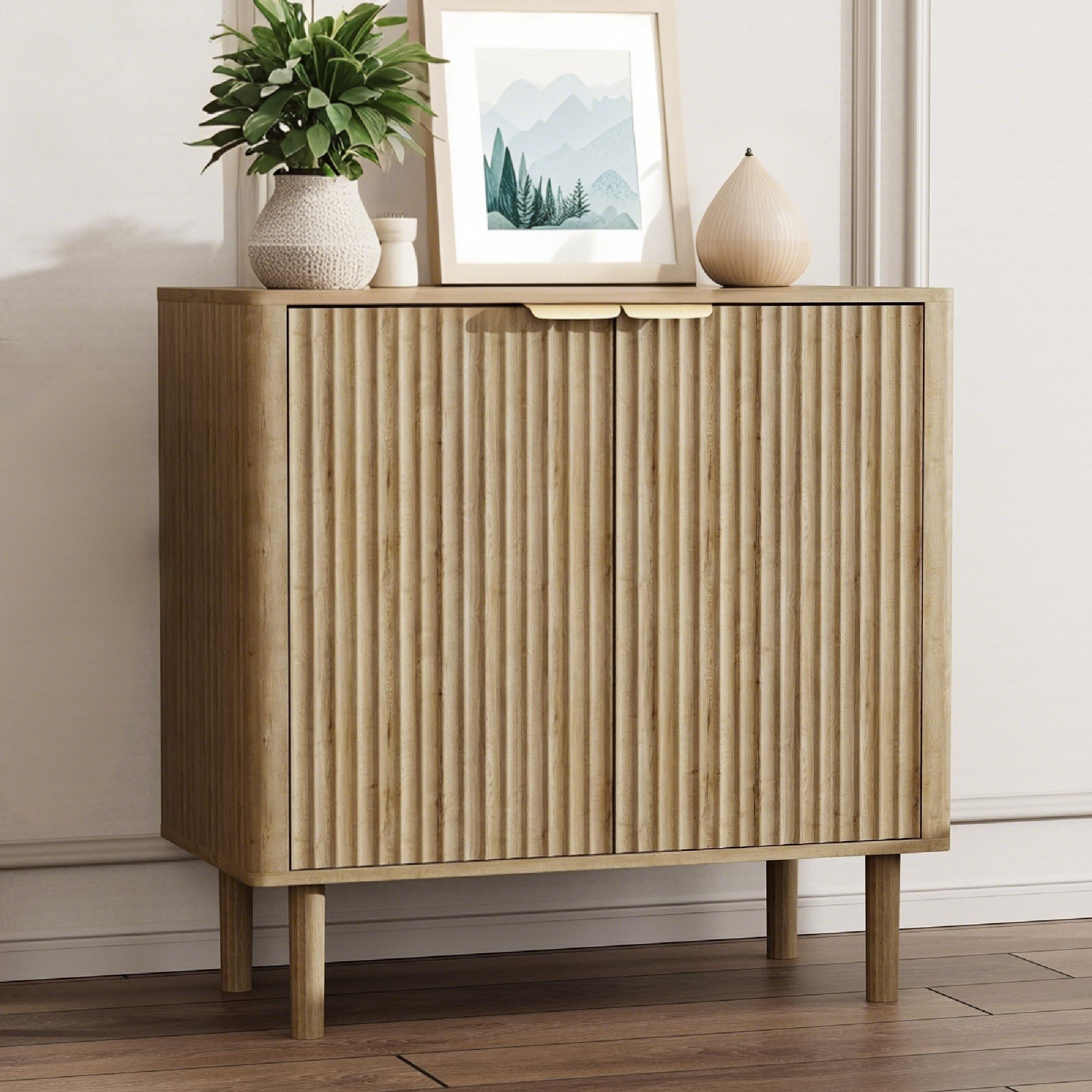 Ebern Designs Modern Fluted Sideboard Buffet Cabinet With Adjustable Shelves - 31.5" Wood ...